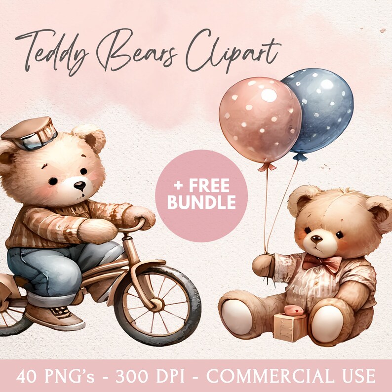 Cute Teddy Bears Clipart Bundle, Watercolor Teddy Bears PNG, Baby ...