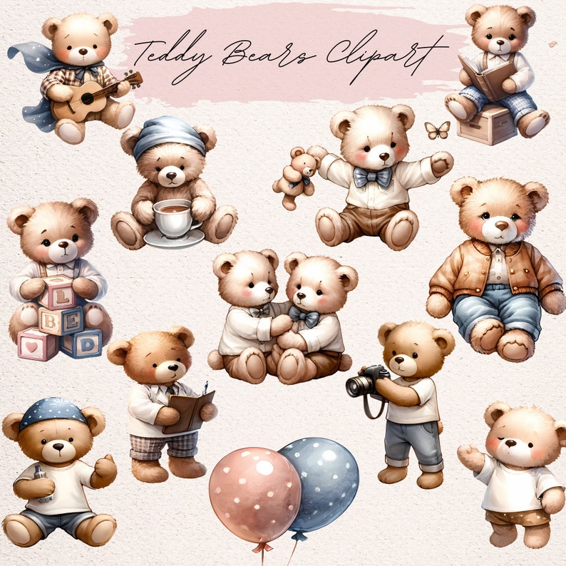 Cute Teddy Bears Clipart Bundle, Watercolor Teddy Bears PNG, Baby ...