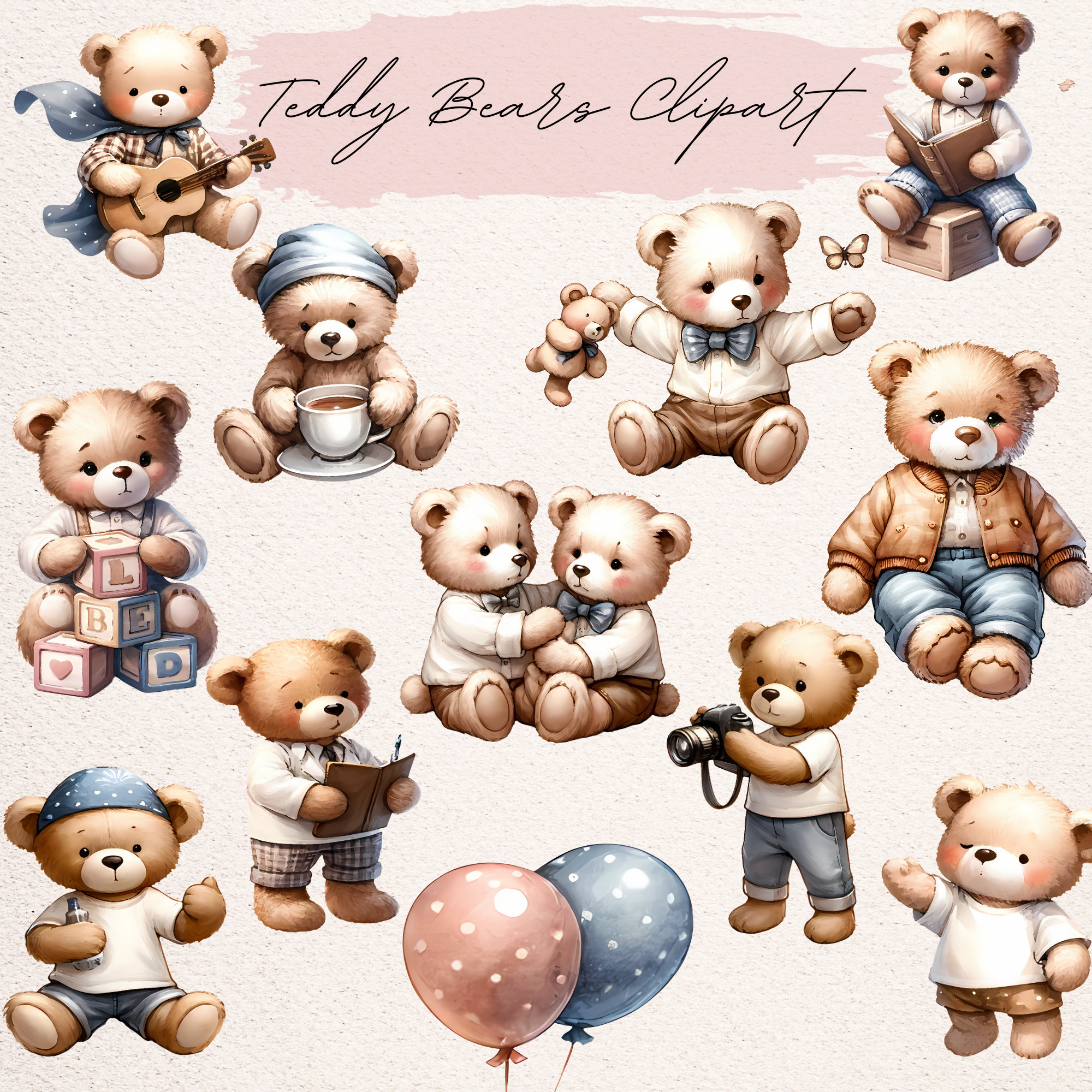 Cute Teddy Bears Clipart Bundle, Watercolor Teddy Bears PNG, Baby ...