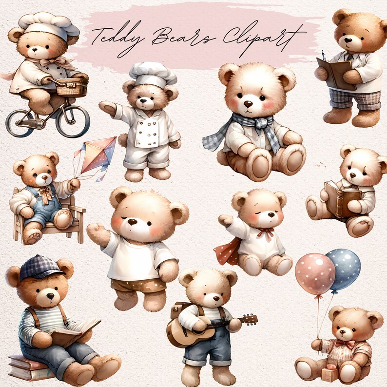 Cute Teddy Bears Clipart Bundle, Watercolor Teddy Bears PNG, Baby ...