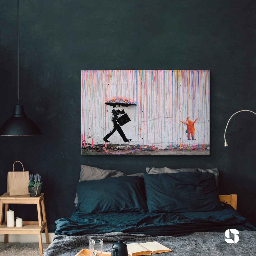 Banksy Umbrella Man Wall Art, Banksy Rainbow Rain Canvas, Colorful Rain ...