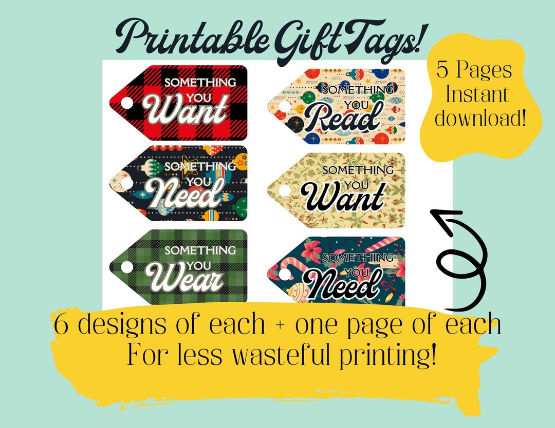 Printable Gift Tags, Want Need Wear Read, Instant Download, Christmas ...