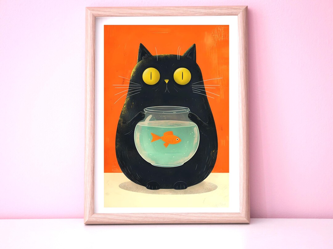 Cute Cat and Fishbowl Poster | Bright Cat Artwork | Digital Wall Art ...