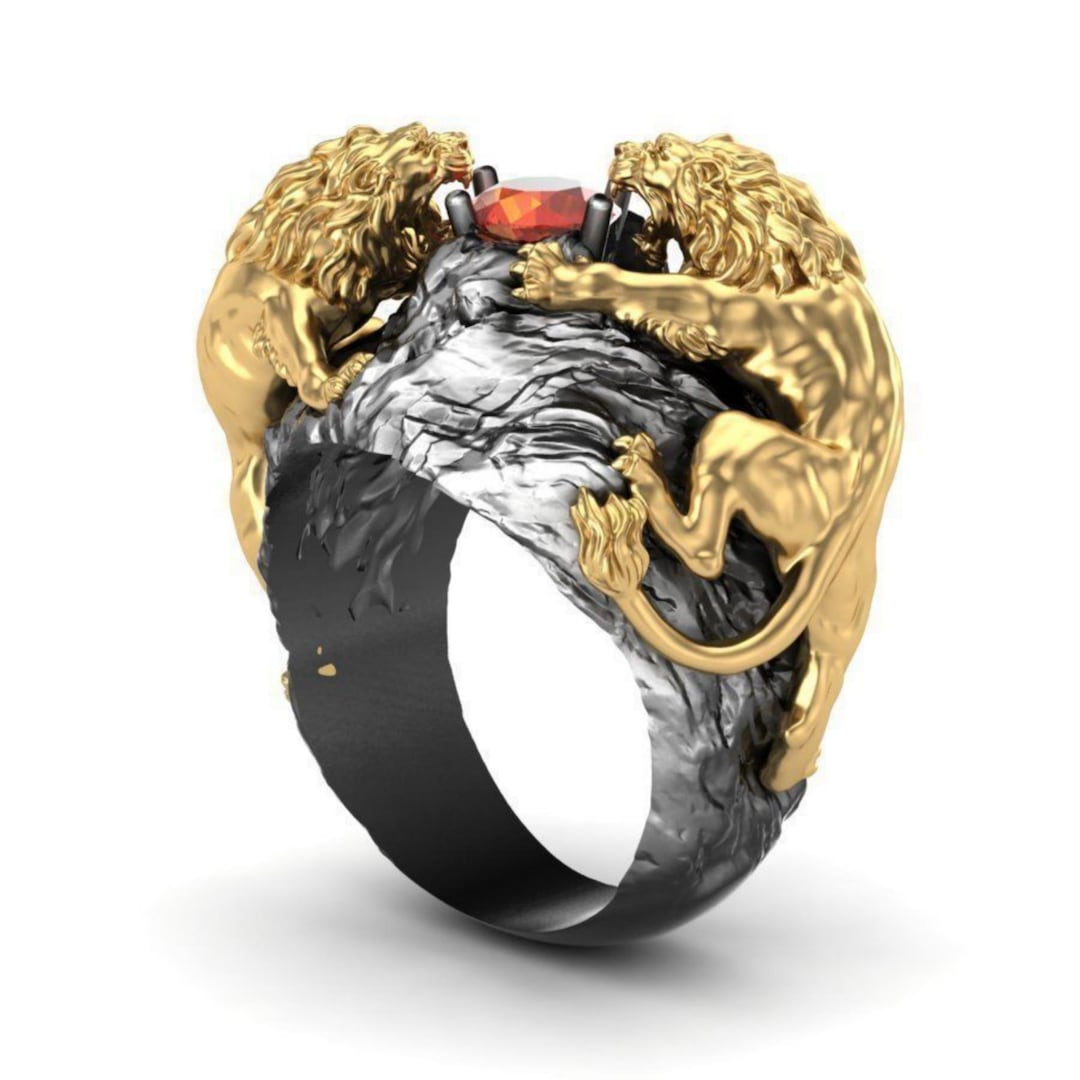14kt Gold Lion Ring Ruby Diamond Lion Men's Ring, Unique Two Lion Ring ...