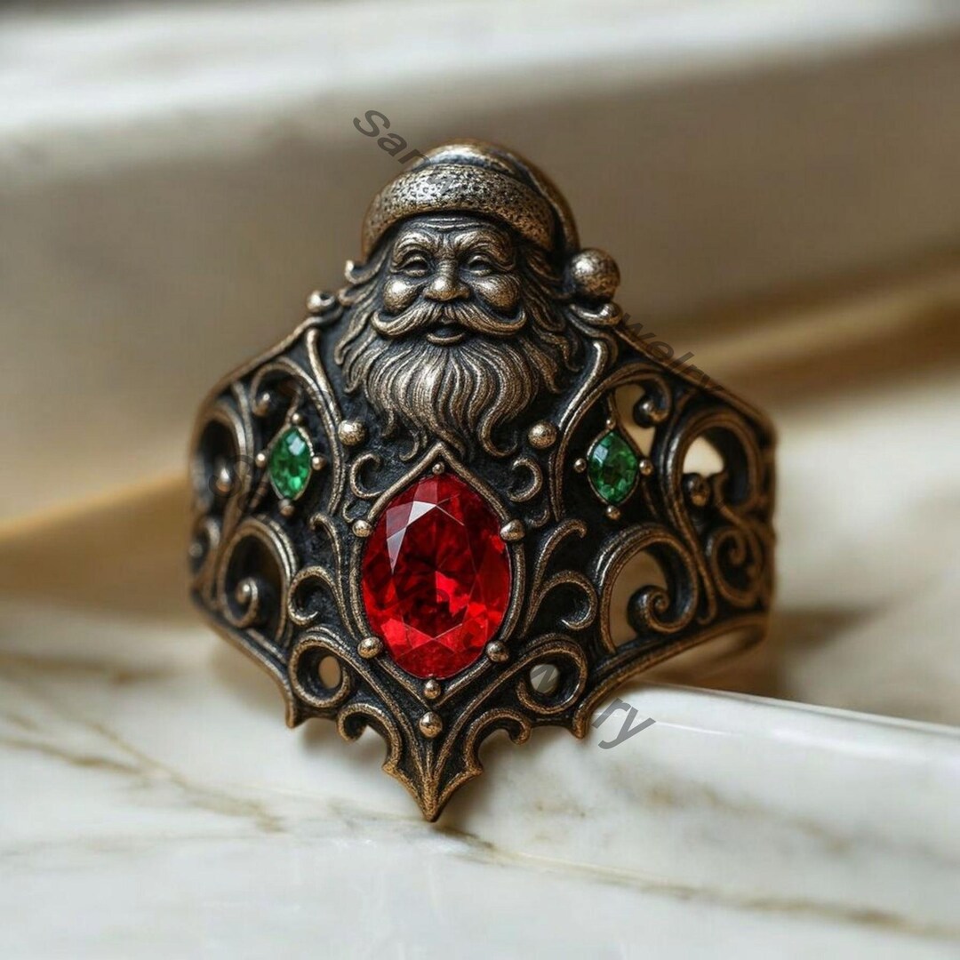 925 Sterling Silver Santa Christmas Ring, Vintage Holiday Red Gem ...