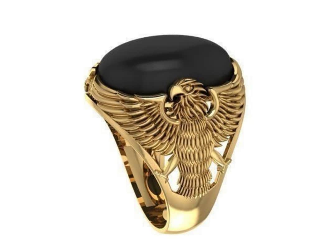 14k Gold Black Onyx Eagle Wings Ring 925 Sterling Silver Retro Hawk ...
