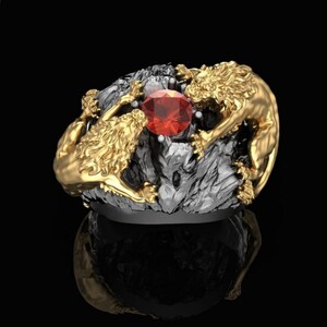 14kt Gold Lion Ring Ruby Diamond Lion Men's Ring, Unique Two Lion Ring ...