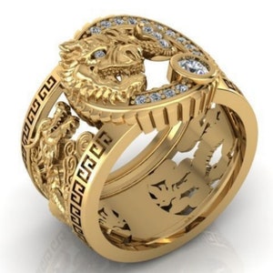 14k Gold Dragon Diamond Ring Mythology Ring Handmade Men Band Hip Hop ...