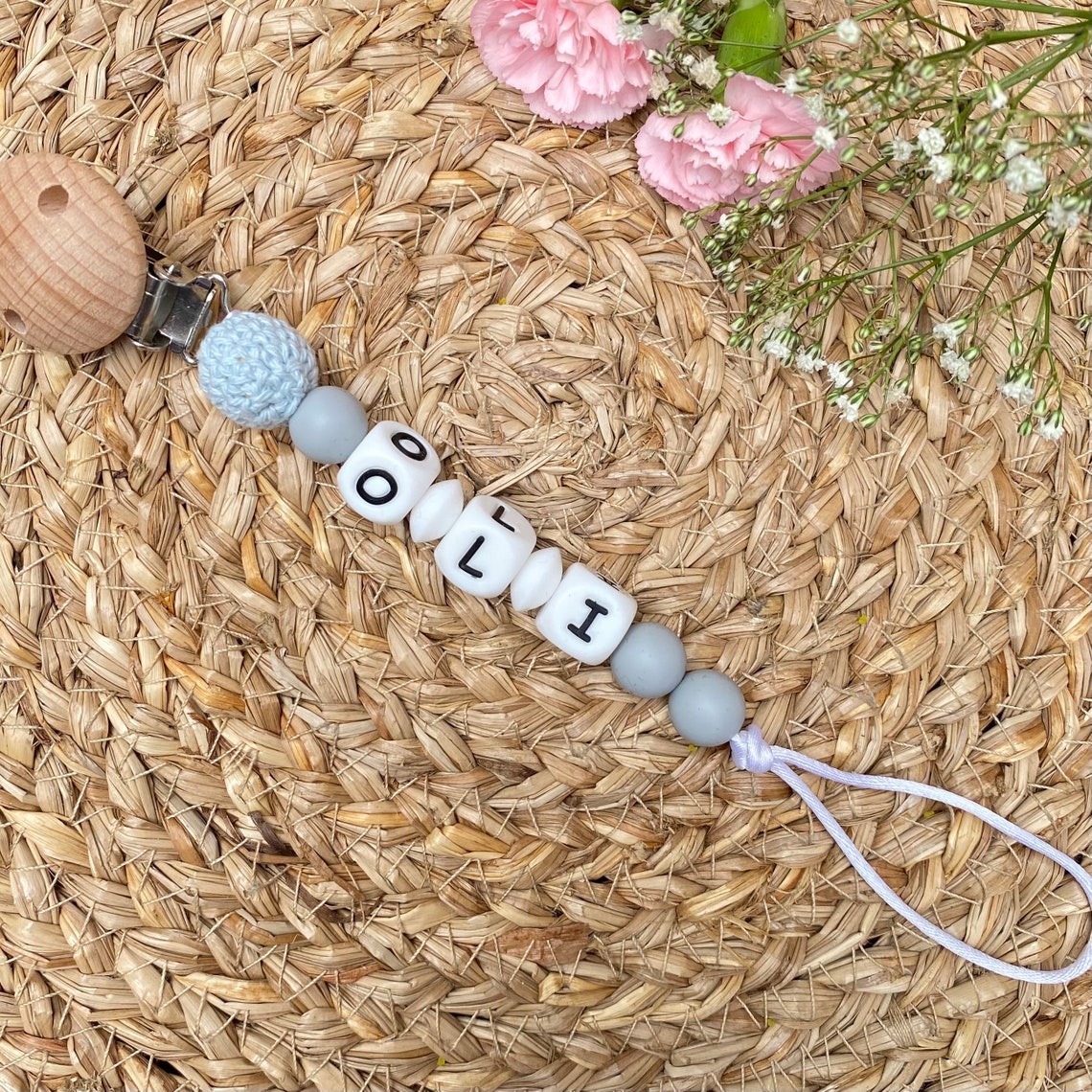 Catenella portaciuccio personalizzata, in silicone, in legno, regalo ...