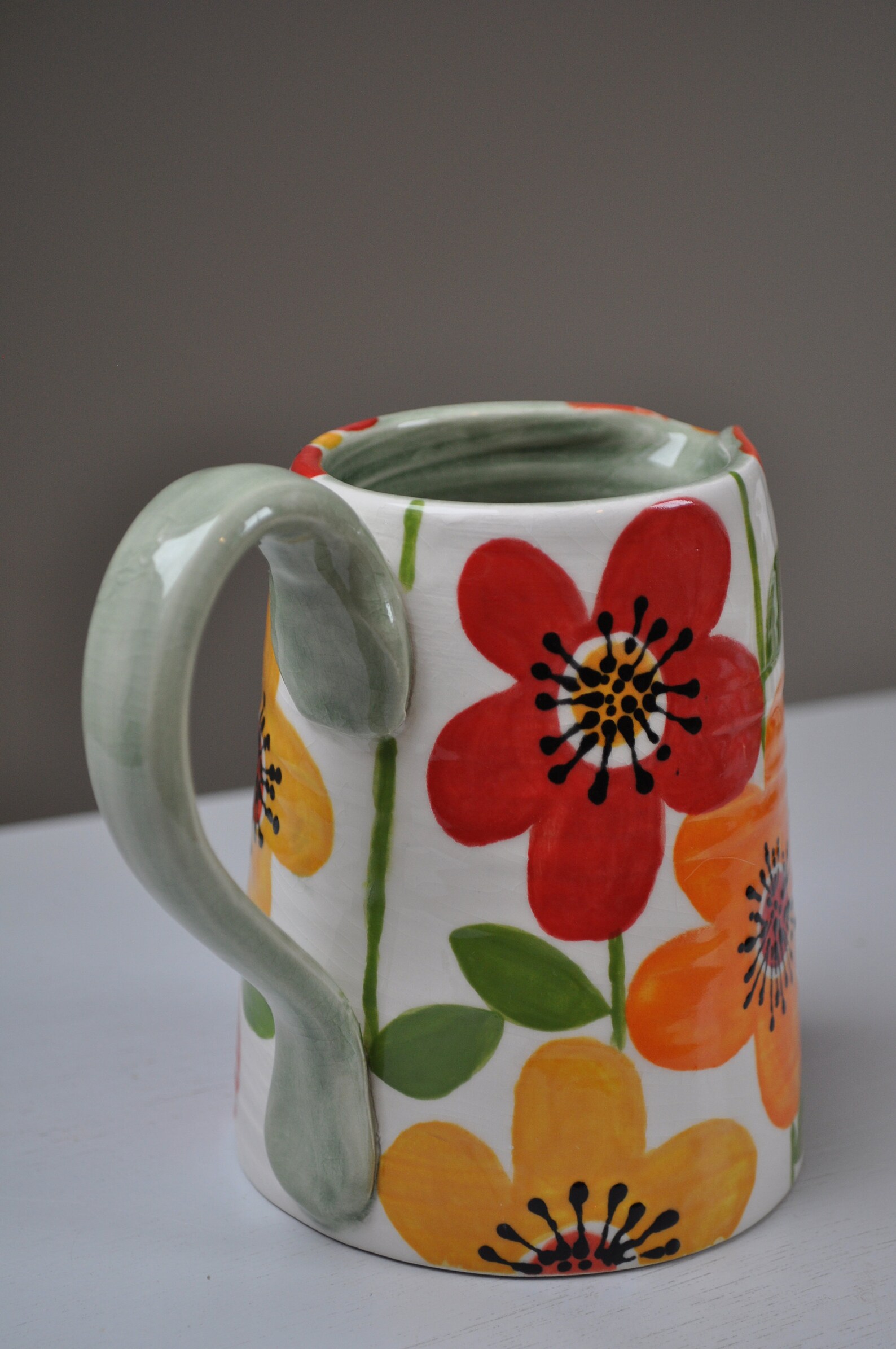 Handmade Floral Jug, Handpainted Retro Design, Soft Green, Red, Yellow ...