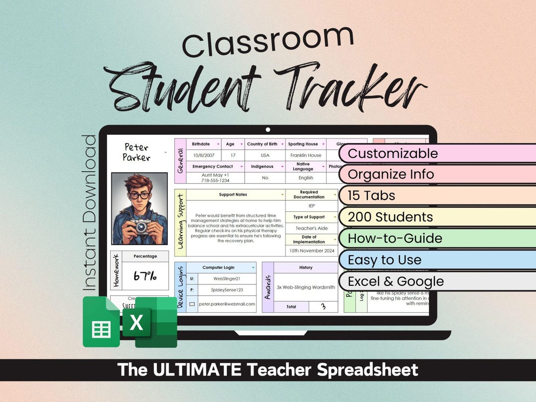 Organize Student Information Teacher Spreadsheet Track Student Data ...