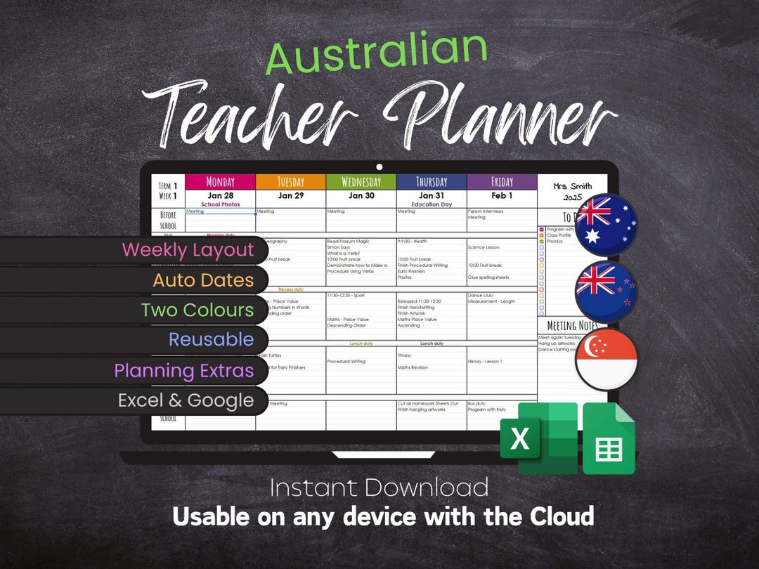 Australian Teacher Digital Weekly Planner - Automatic Dates - Microsoft ...