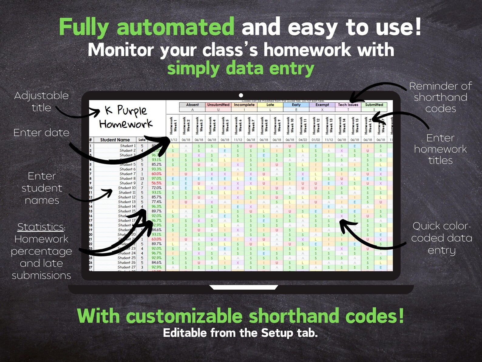 Teacher Homework and Assignment Tracker Digital Spreadsheet Editable ...