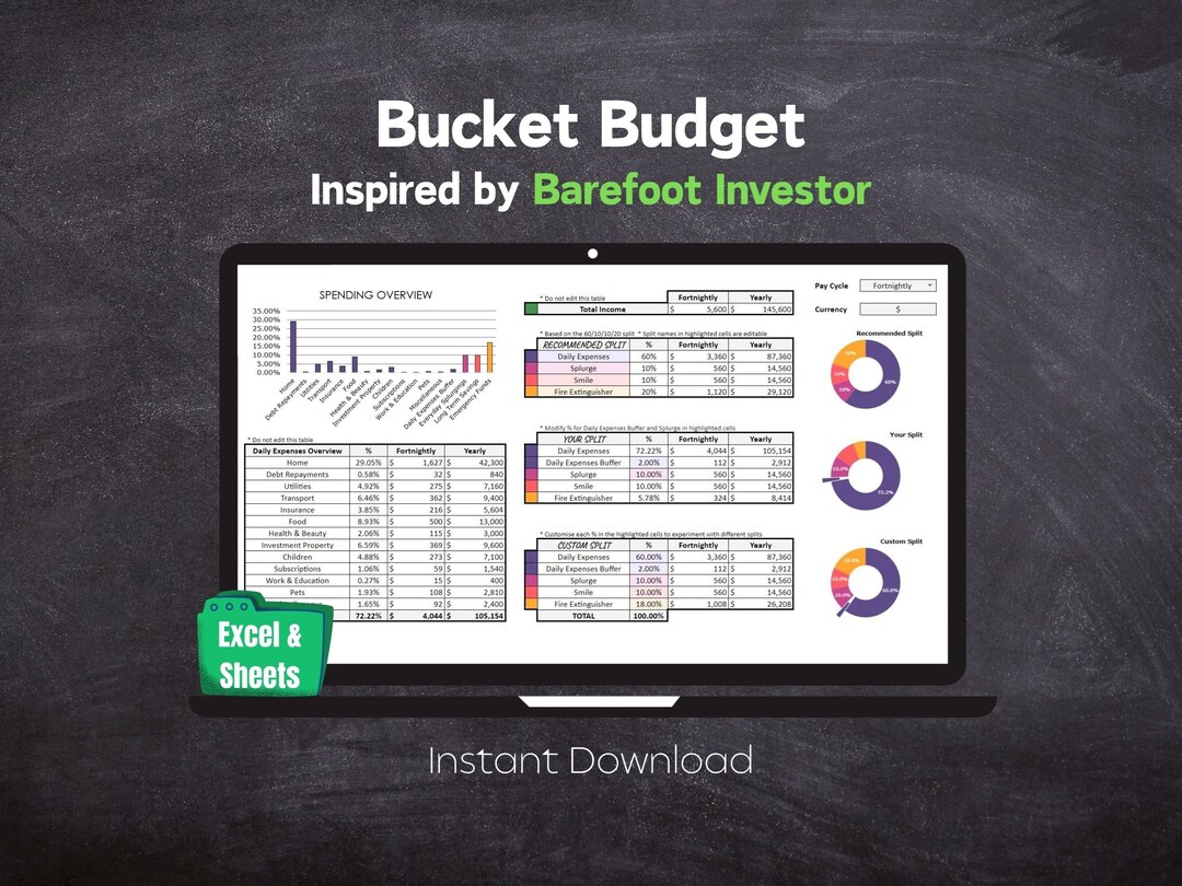 Barefoot Bucket Budget Simple Finance Spreadsheet With 60-10-10-20 ...