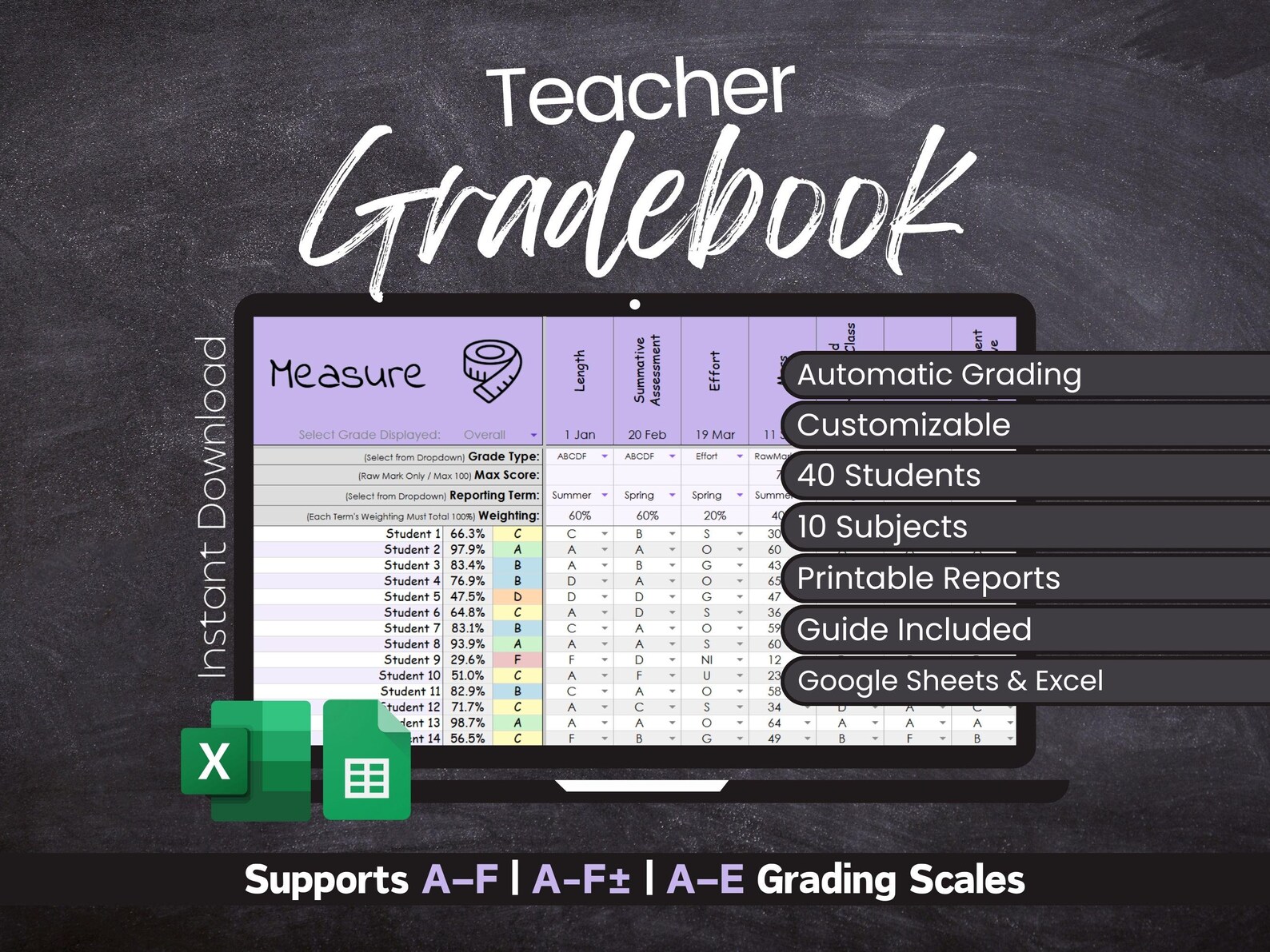 Teacher Gradebook for Google Sheets & Excel | Track 40 Students Across ...
