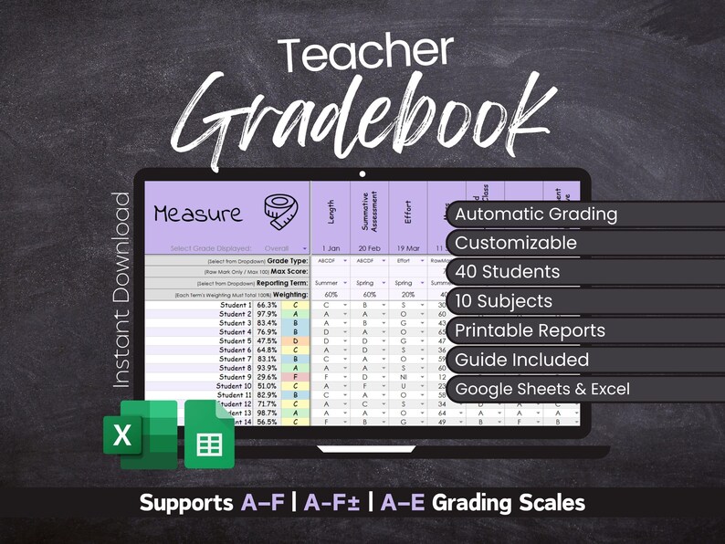 Teacher Gradebook for Google Sheets & Excel | Track 40 Students Across ...