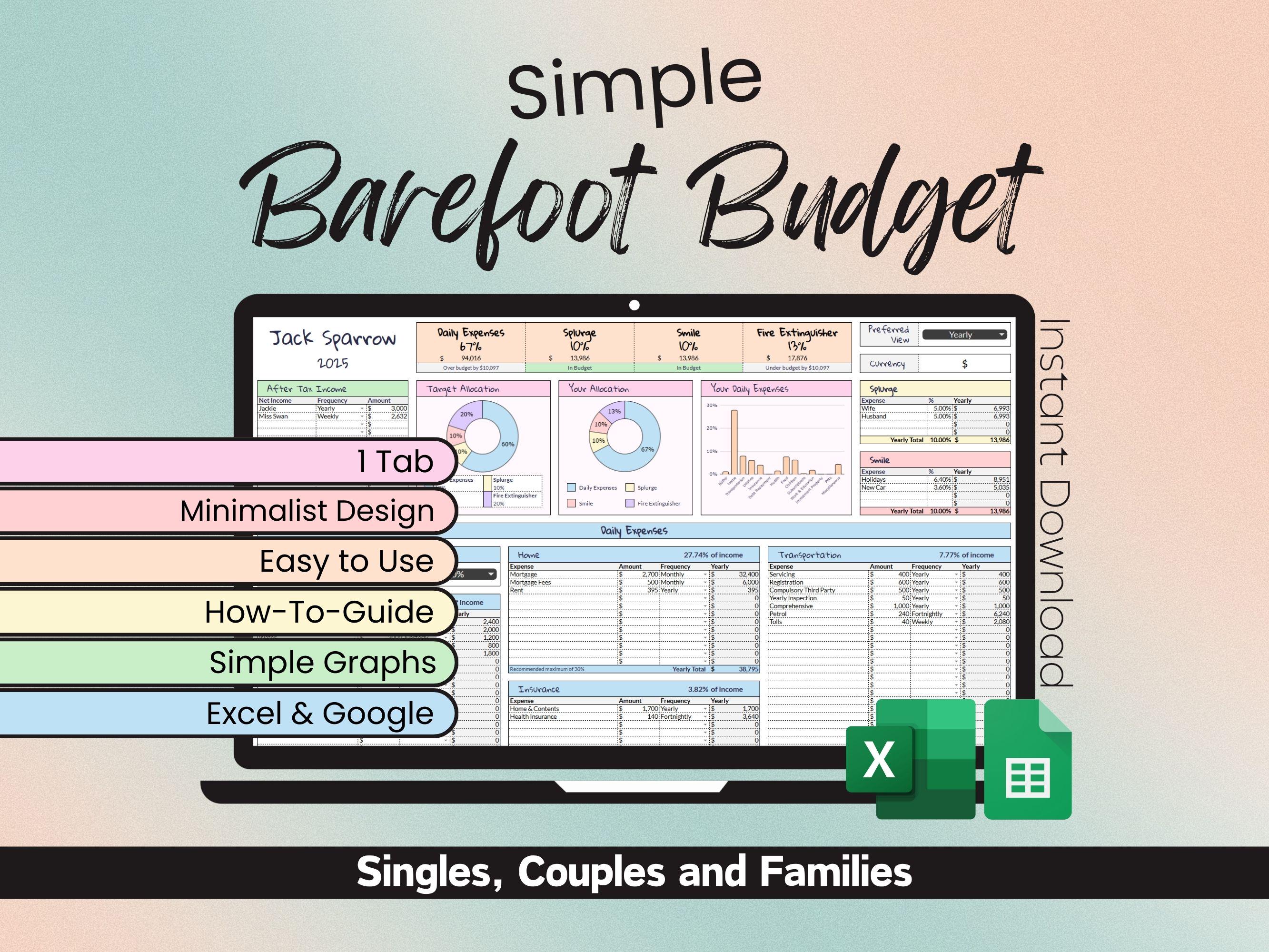Barefoot Bucket Budget - Simple Finance Spreadsheet With 60-10-10-20 ...