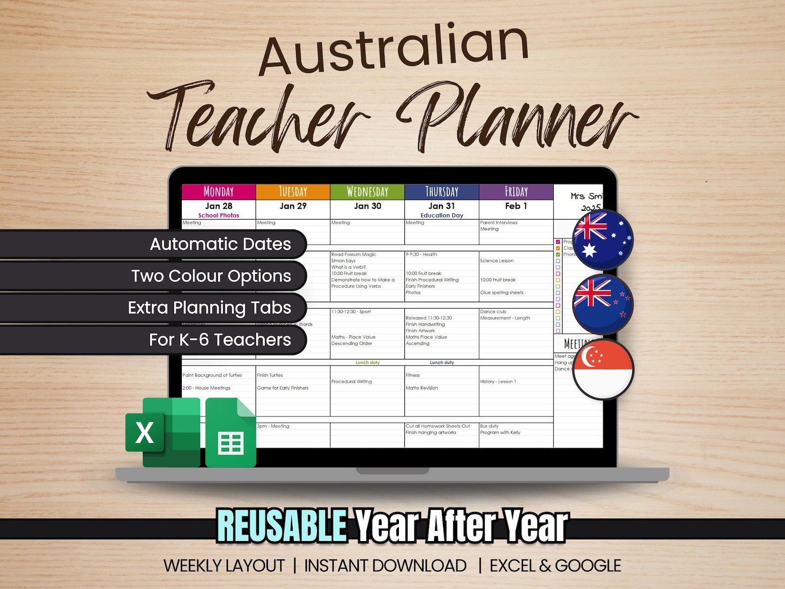Australian Teacher Digital Weekly Planner - Automatic Dates - Microsoft ...