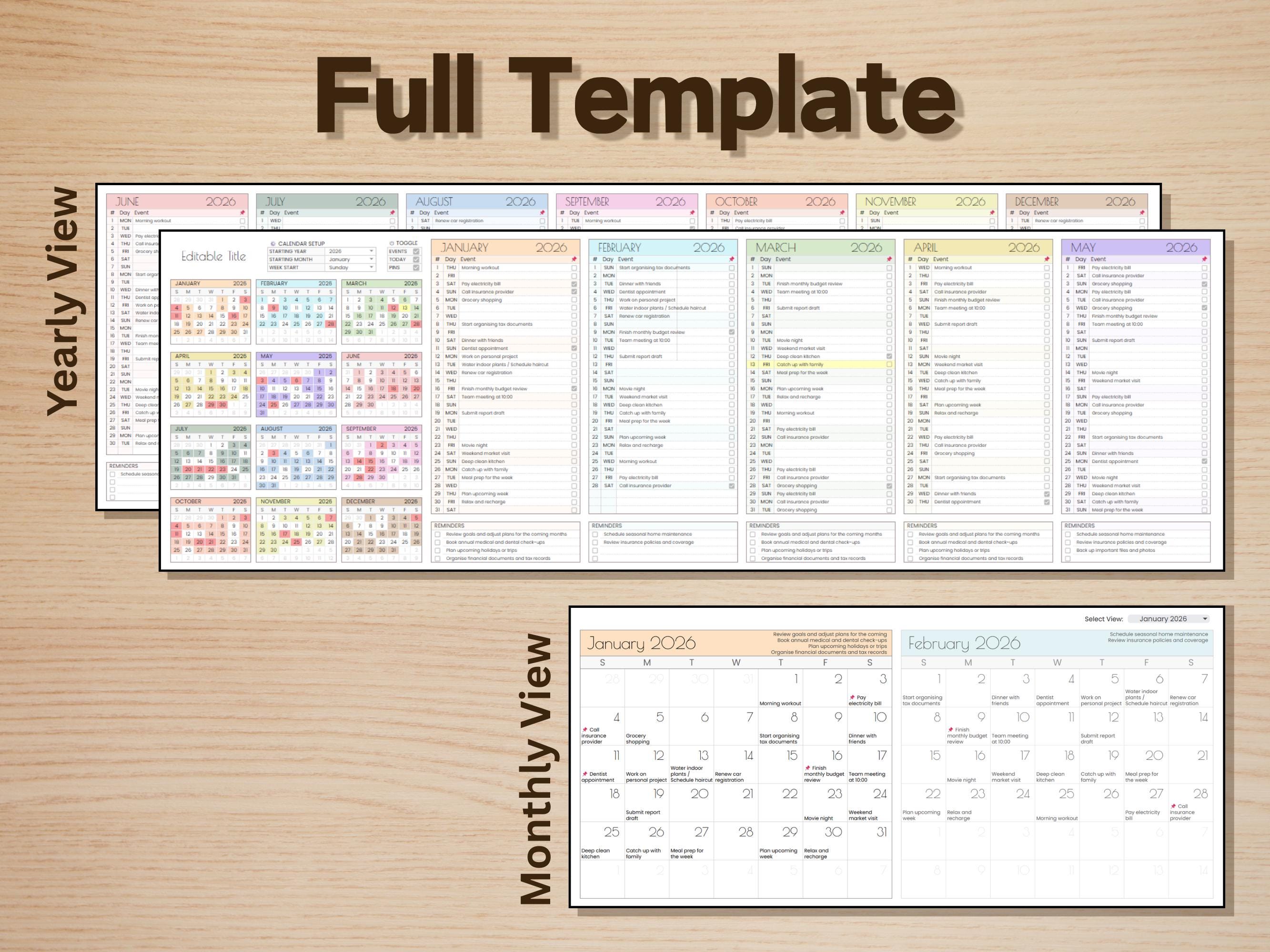 Year at a Glance Calendar Spreadsheet | Editable Annual Planner With ...
