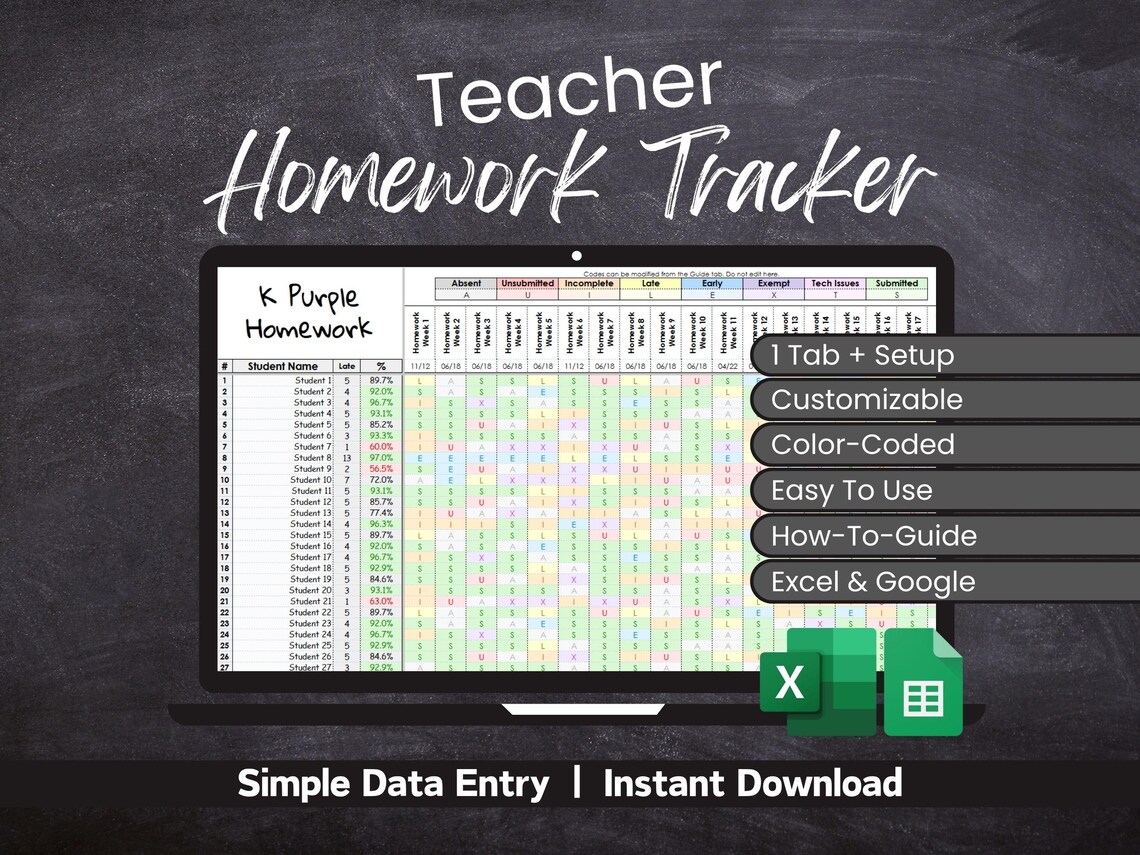 Teacher Homework and Assignment Tracker Digital Spreadsheet Editable ...