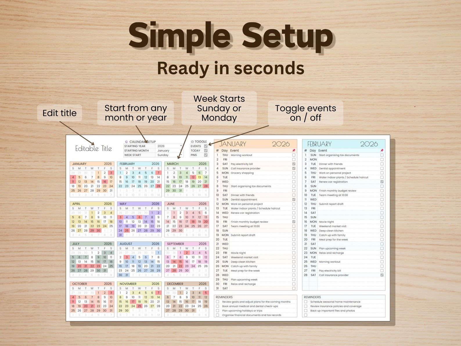 Year at a Glance Calendar Spreadsheet | Editable Annual Planner With ...