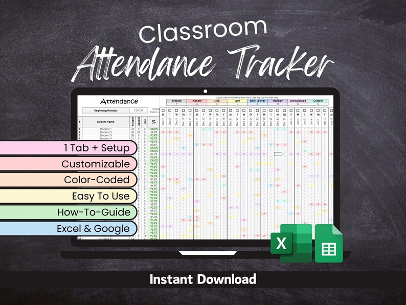 Teacher Attendance Tracker Digital Spreadsheet - Customizable Microsoft ...