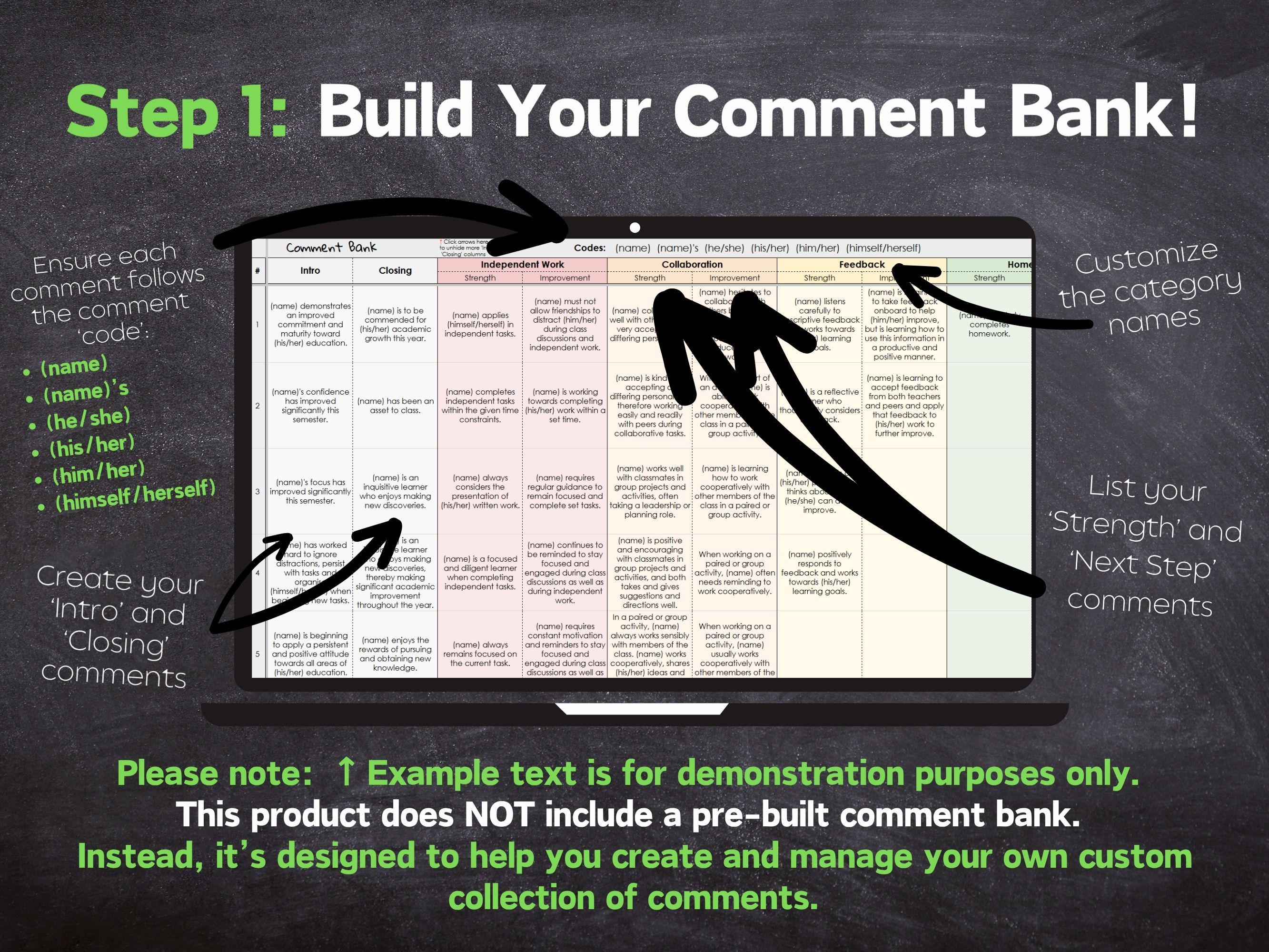 Teacher Report Comment Builder / Blank Editable Template for Google ...