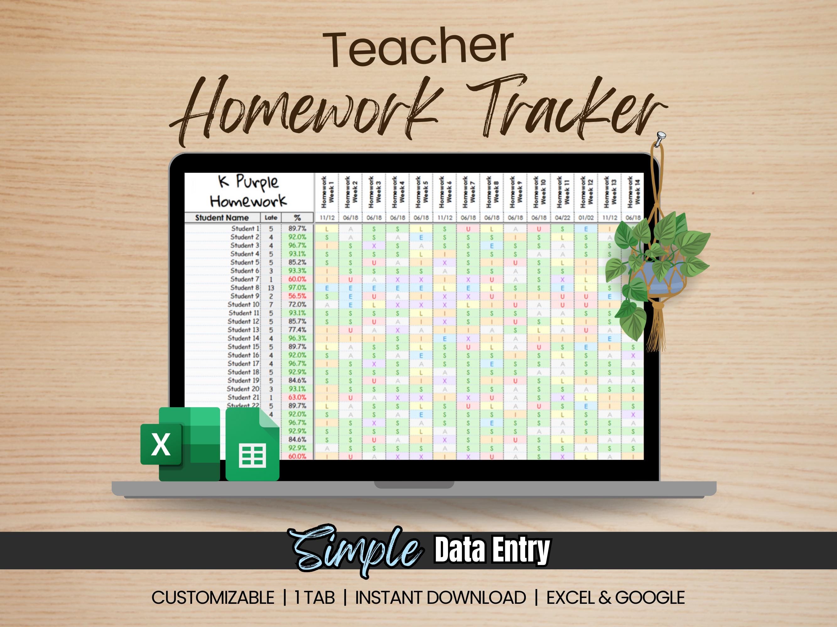 Teacher Homework and Assignment Tracker Digital Spreadsheet Editable ...