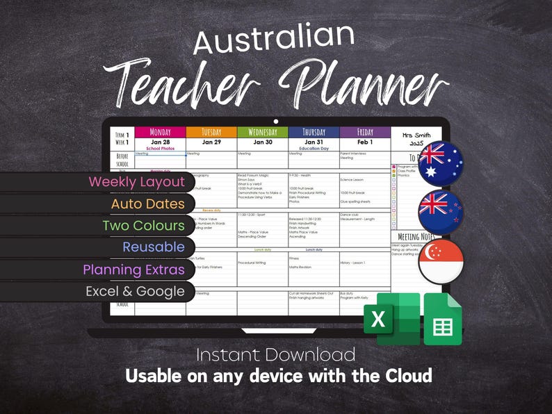 Australian Teacher Digital Weekly Planner - Automatic Dates - Microsoft ...
