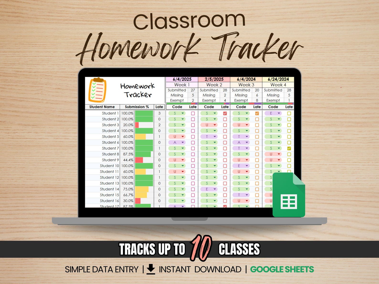 Teacher Homework and Assignment Tracker Digital Spreadsheet Editable ...
