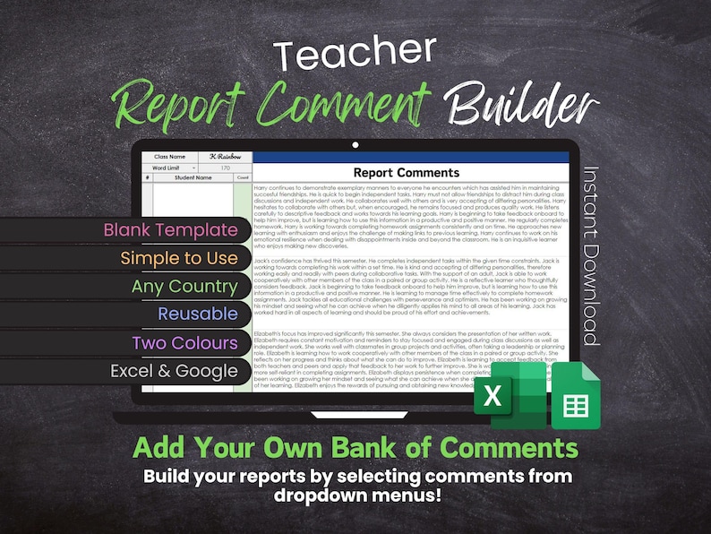Teacher Report Comment Builder / Blank Editable Template for Google Sheets & Microsoft Excel ...