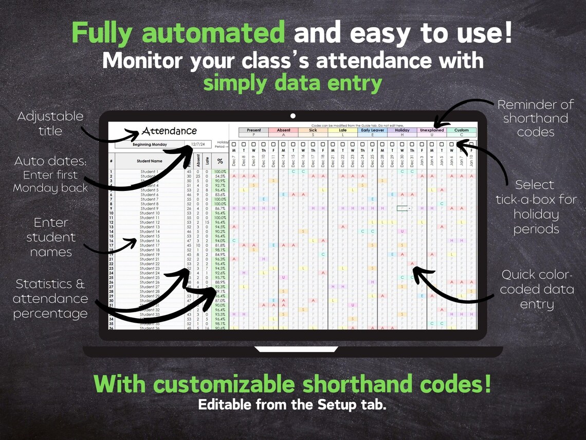 Teacher Attendance Tracker Digital Spreadsheet - Customizable Microsoft ...