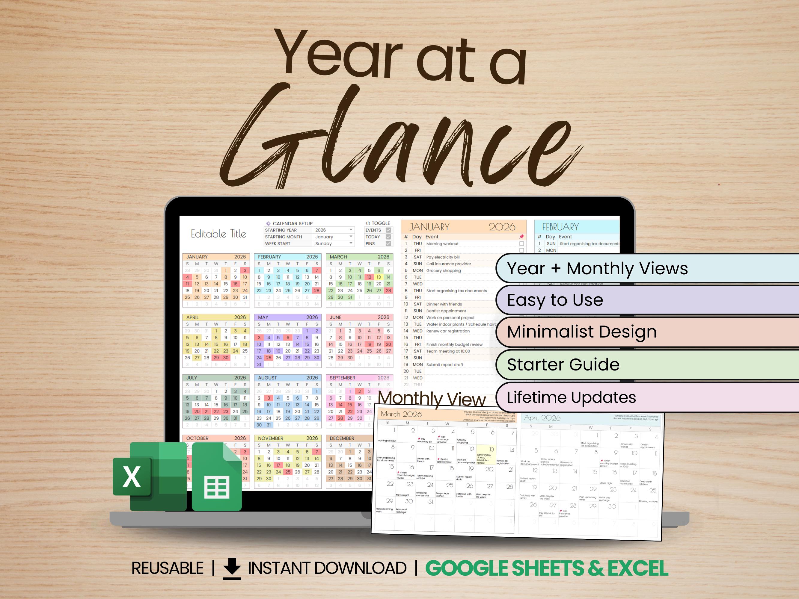 Year at a Glance Calendar Spreadsheet | Editable Annual Planner With ...