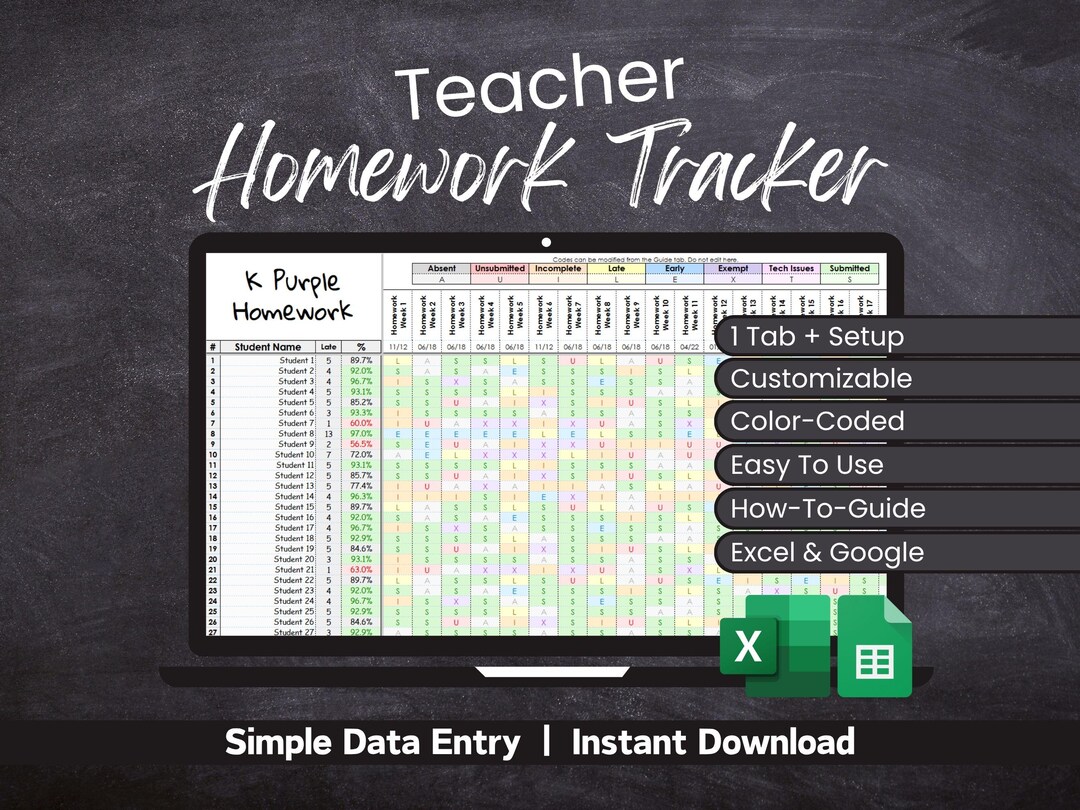 Teacher Homework and Assignment Tracker Digital Spreadsheet Editable ...