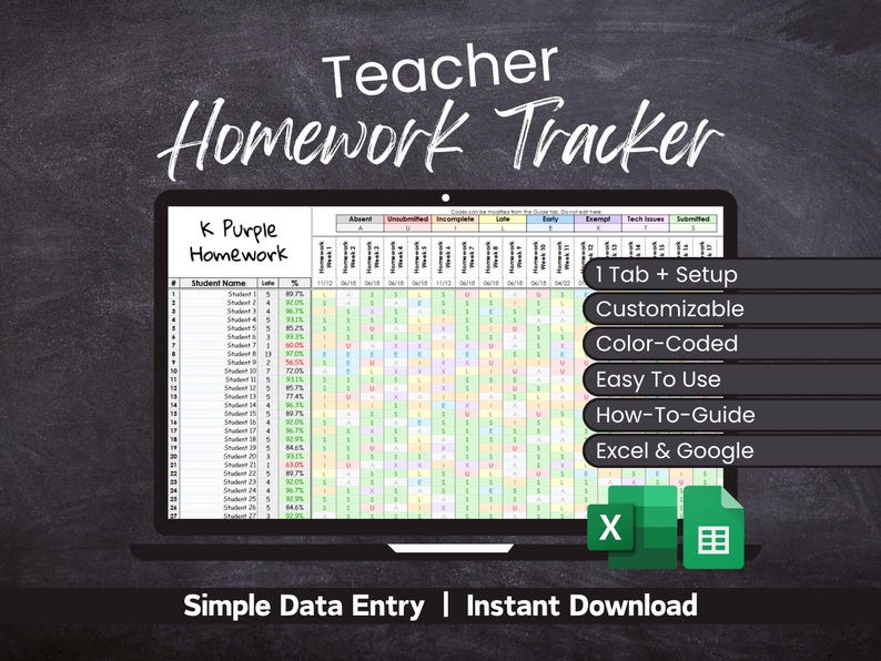 Teacher Homework and Assignment Tracker Digital Spreadsheet Editable ...
