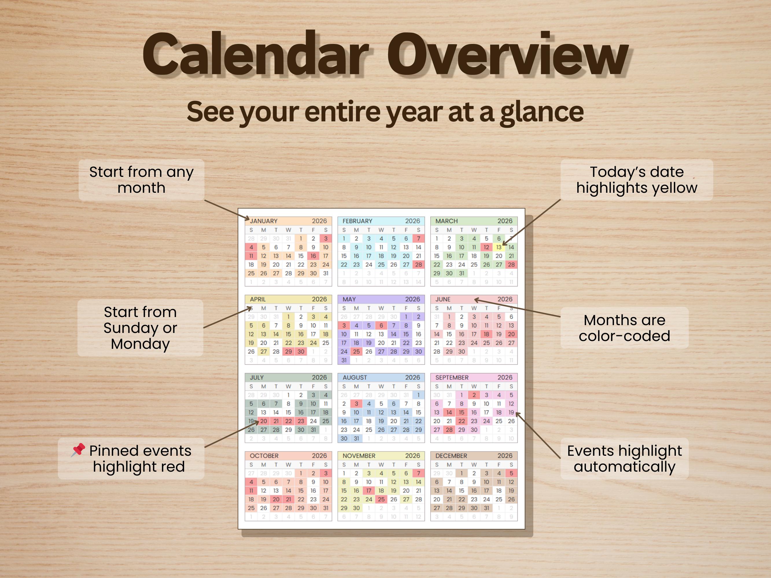 Year at a Glance Calendar Spreadsheet | Editable Annual Planner With ...