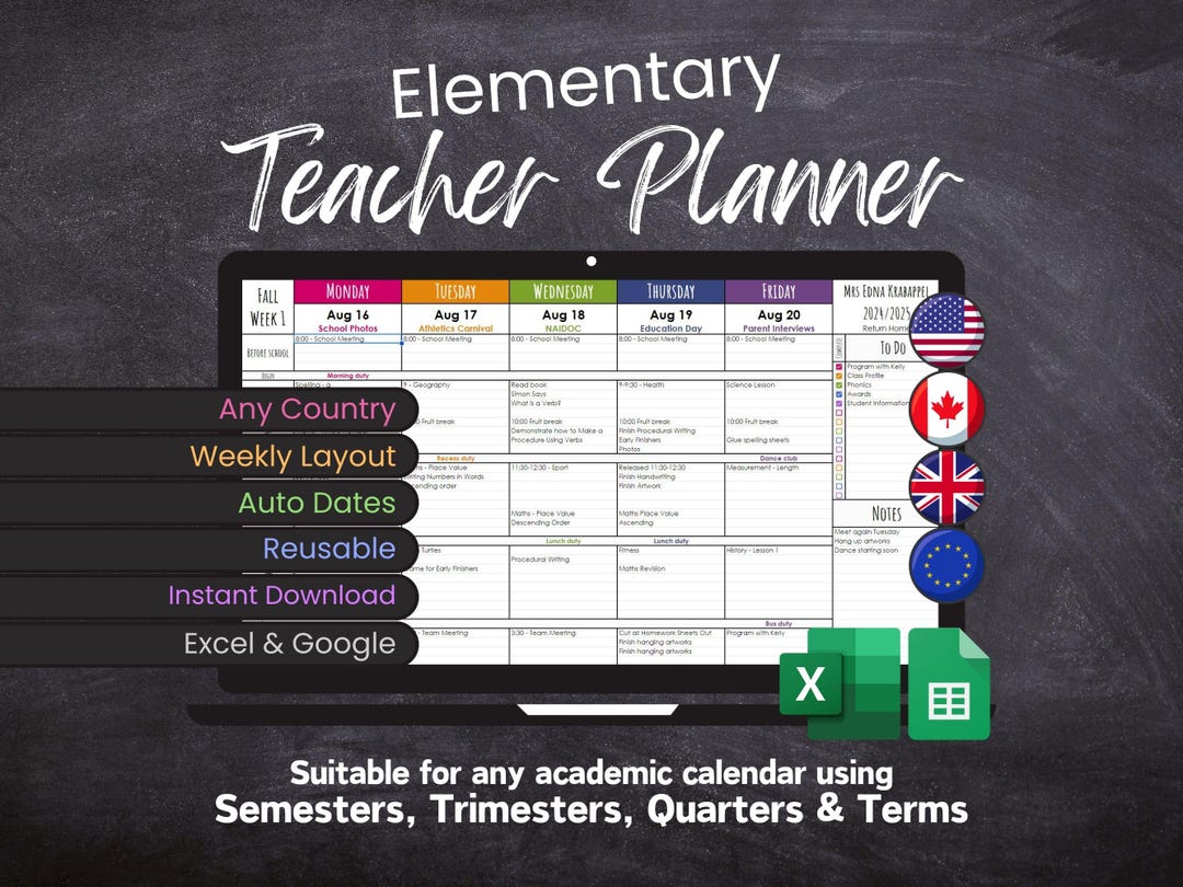 Elementary Teacher Digital Weekly Planner | Automatic Dates | Printable ...