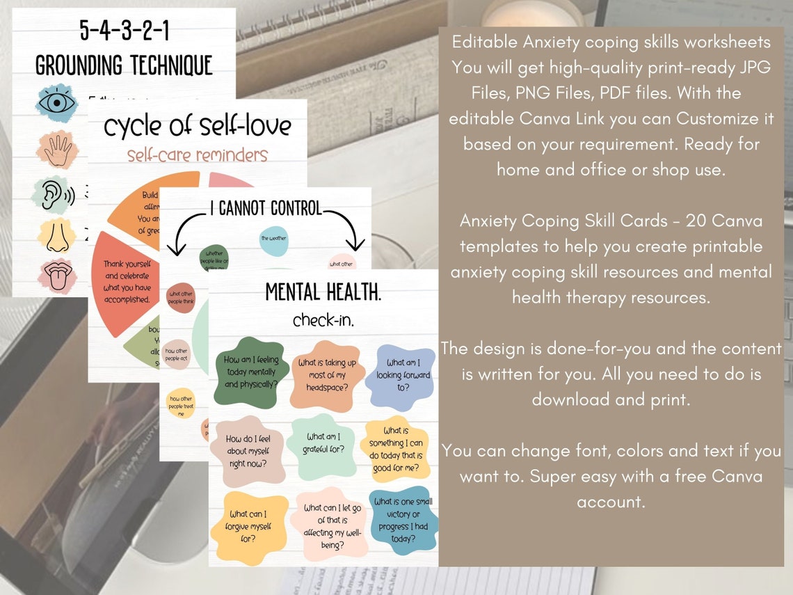 Anxiety and Depression Coping Skills Flashcards Canva Templates ...