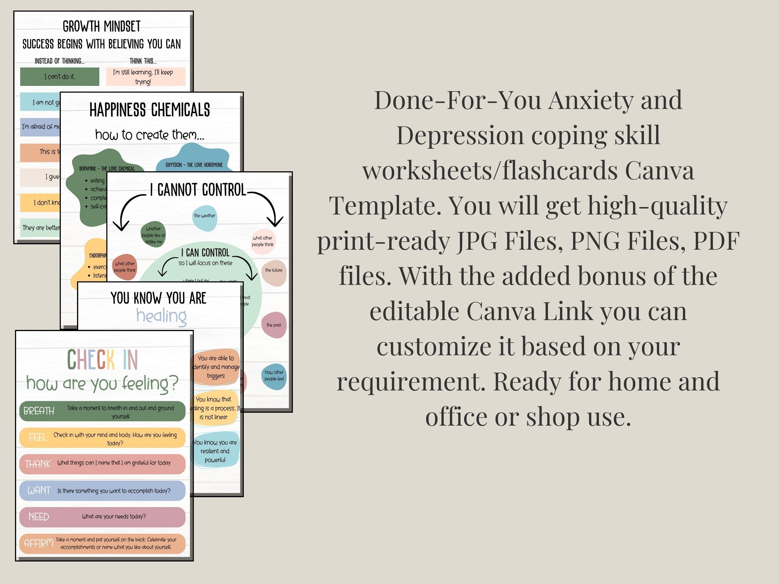 Anxiety and Depression Coping Skills Flashcards Canva Templates ...