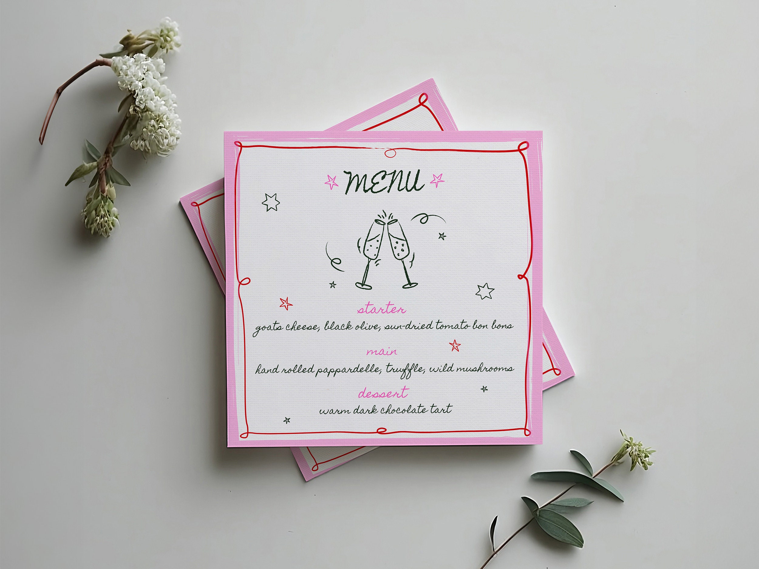 Whimsical Hand Drawn Menu Canva Template Bow Dinner Party Menu Wavy ...
