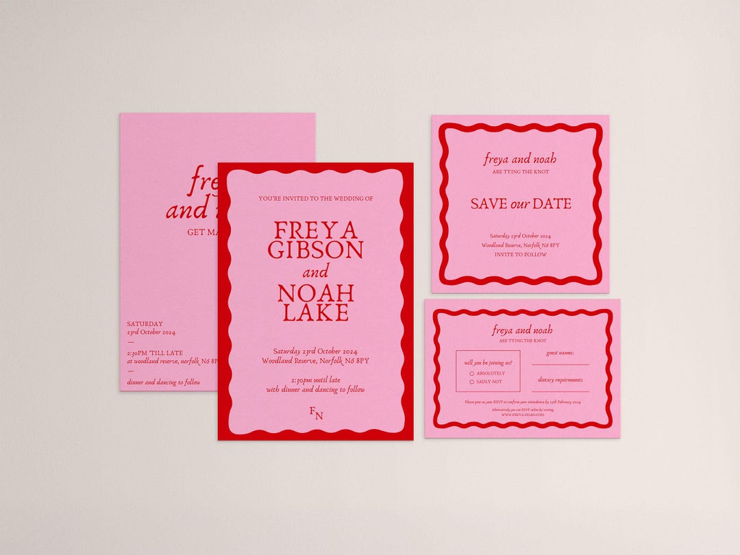 Pink and Red Wedding Template Bundle, Wavy Border Modern Printable ...