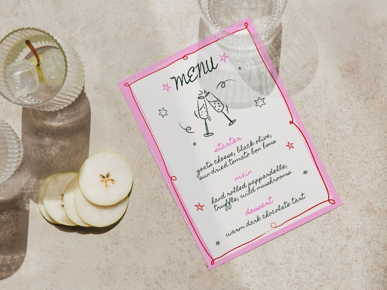 Whimsical Hand Drawn Menu Canva Template | Bow Dinner Party Menu | Wavy ...