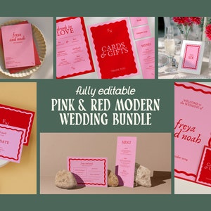 Pink and Red Wedding Template Bundle, Modern Printable Invite, Vintage ...