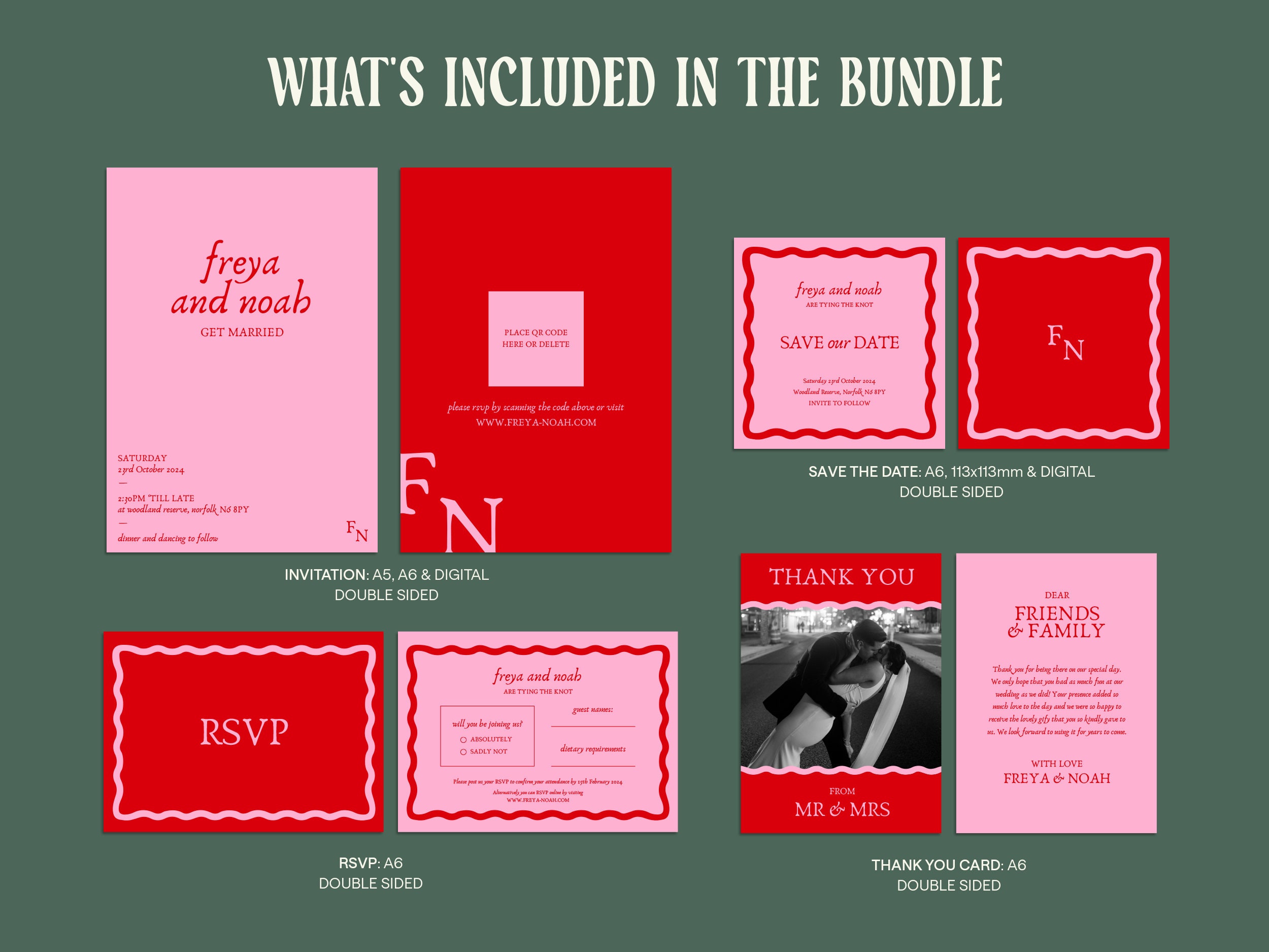 Pink and Red Wedding Template Bundle, Modern Printable Invite, Vintage ...