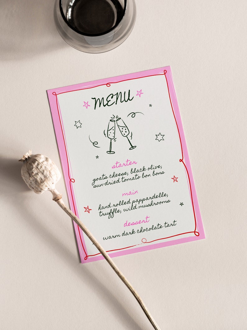 Whimsical Hand Drawn Menu Canva Template | Bow Dinner Party Menu | Wavy ...