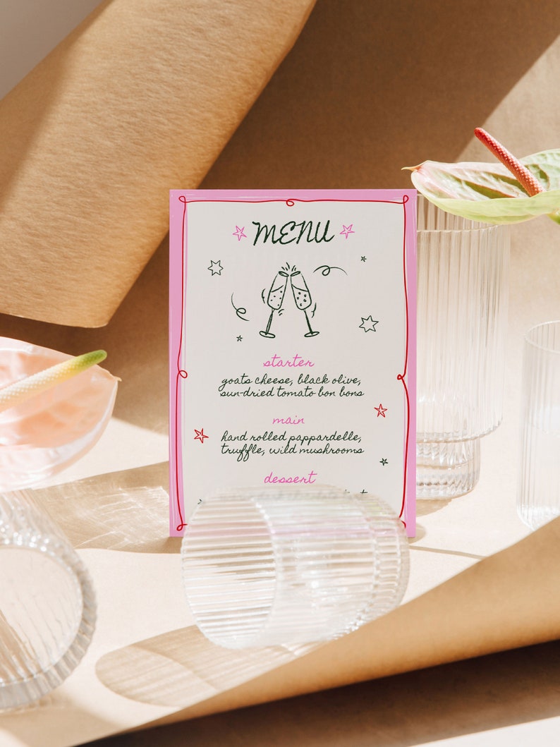 Whimsical Hand Drawn Menu Canva Template | Bow Dinner Party Menu | Wavy ...