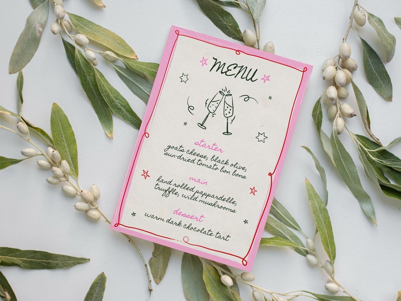 Whimsical Hand Drawn Menu Canva Template | Bow Dinner Party Menu | Wavy ...