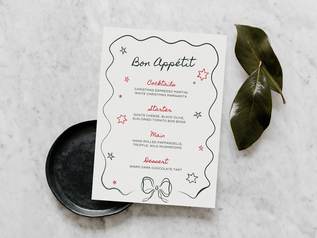 Hand Drawn Menu Canva Template | Whimsical Bow Stars Cocktail Party ...