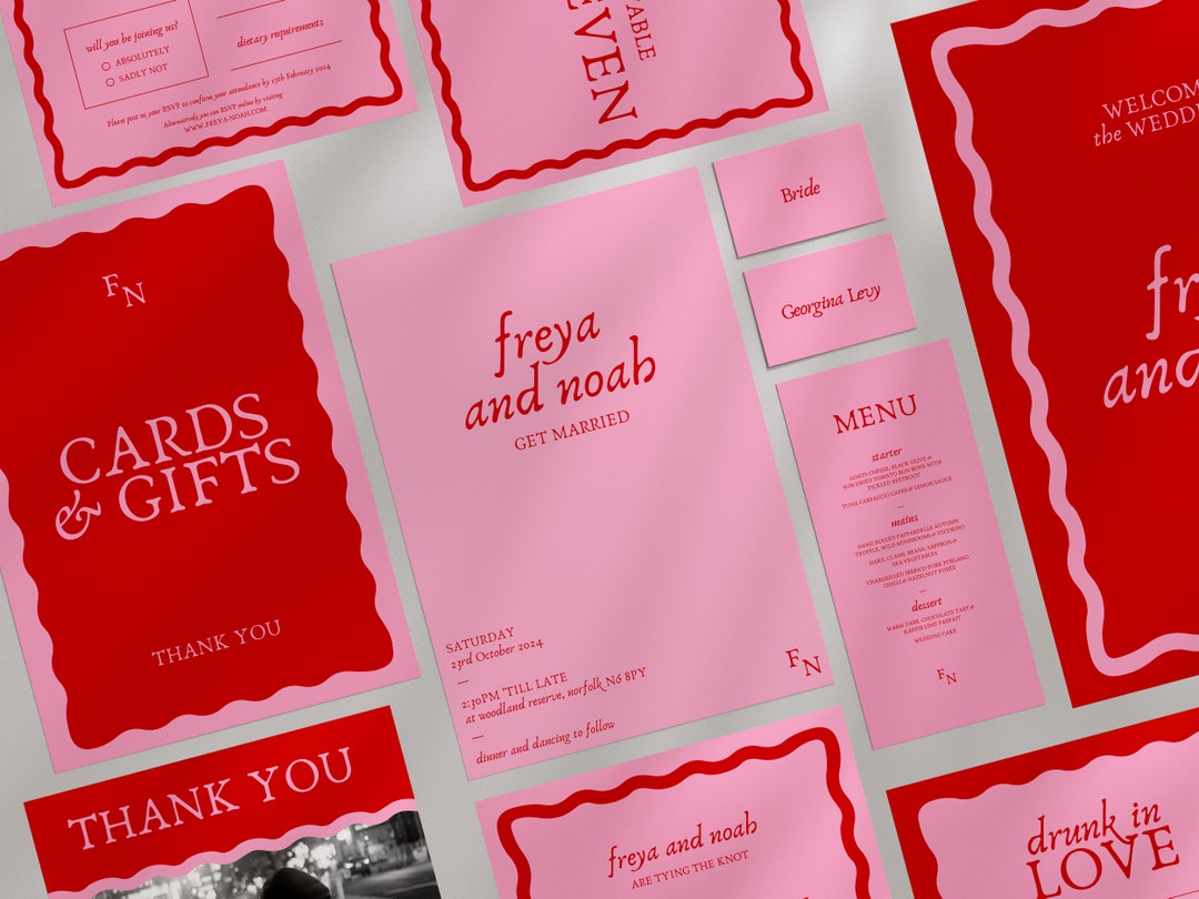 Pink and Red Wedding Template Bundle, Modern Printable Invite, Vintage ...