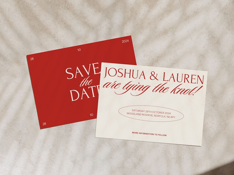 Minimal Save the Date Template, Red and Cream Wedding Editable Minimal ...